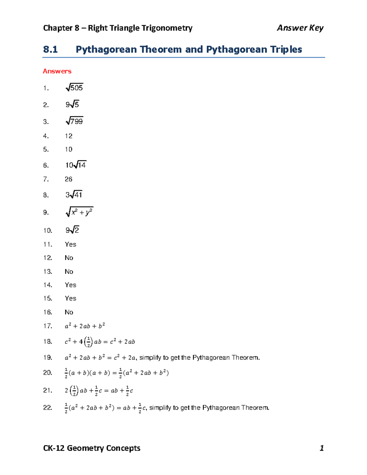 Answer Key CK-12 Chapter 08 Geometry Concepts - 8 Pythagorean Theorem and Pythagorean Triples ...