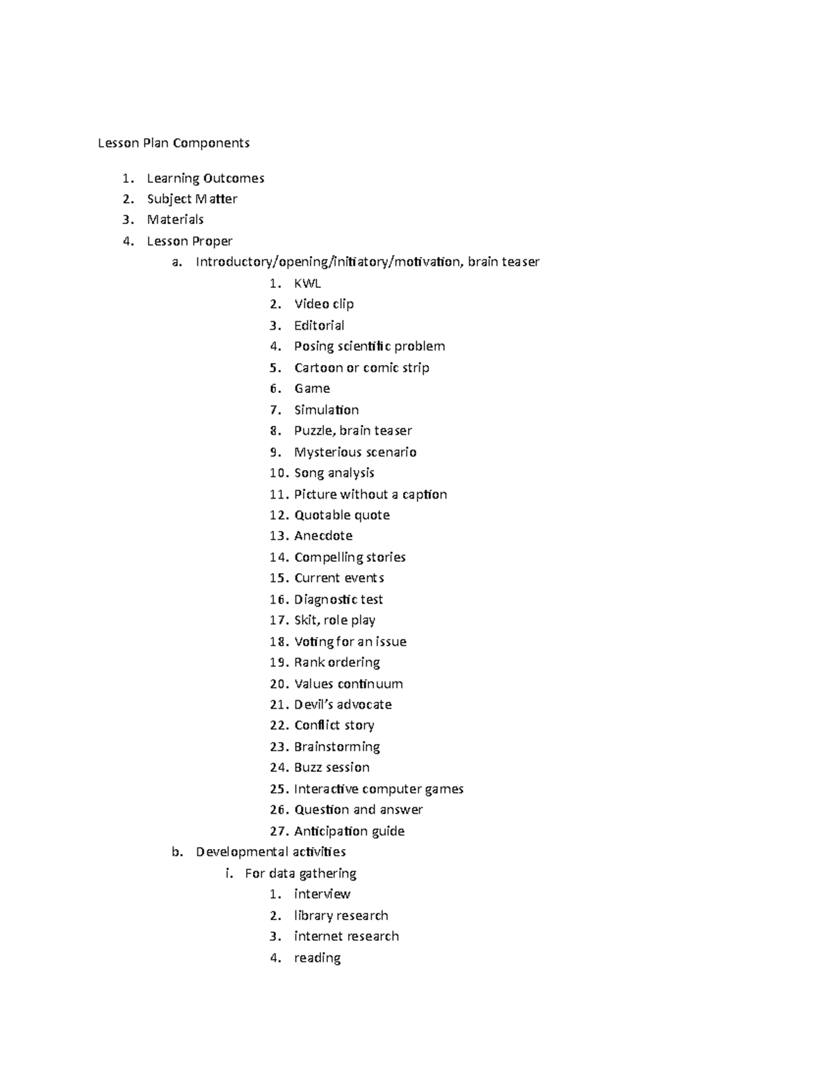 Lesson Plan Components (1) - Lesson Plan Components Learning Outcomes ...