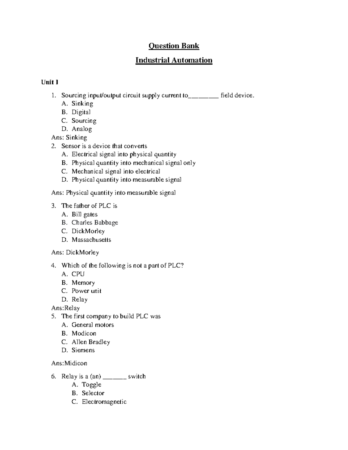 IA Question bank - Industrial Automation - Question Bank Industrial ...