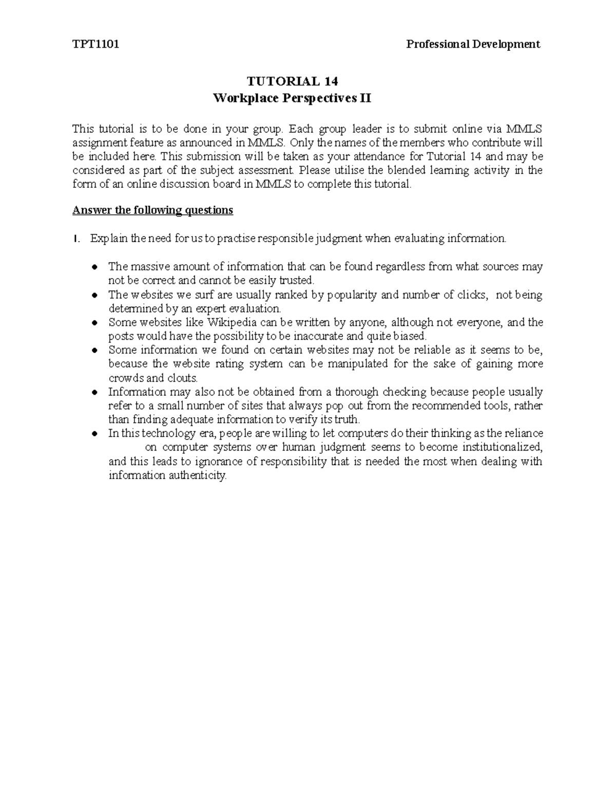 TPT1101 Tutorial 14 (Workplace Perspectives II) - TUTORIAL 14 Workplace ...