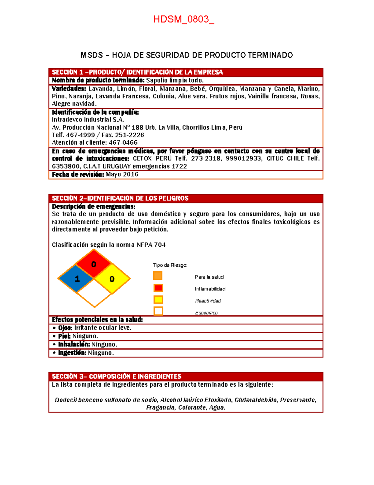 HDSM 0803 Limpiatodo Sapolio 73995 FL MAYO - MSDS – HOJA DE SEGURIDAD DE PRODUCTO TERMINADO ...