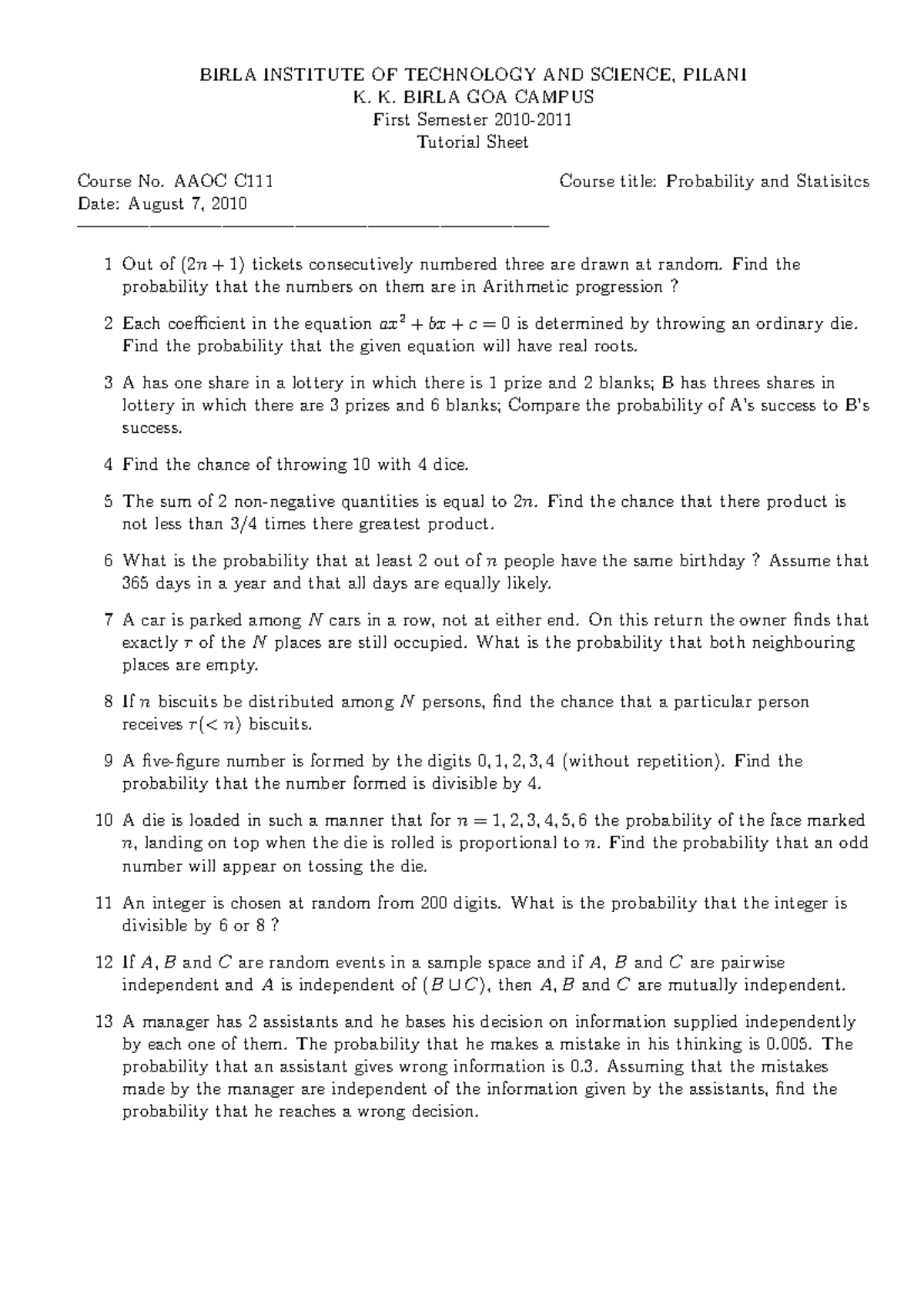 Tutorial sheet 1 - BIRLA INSTITUTE OF TECHNOLOGY AND SCIENCE, PILANI K ...
