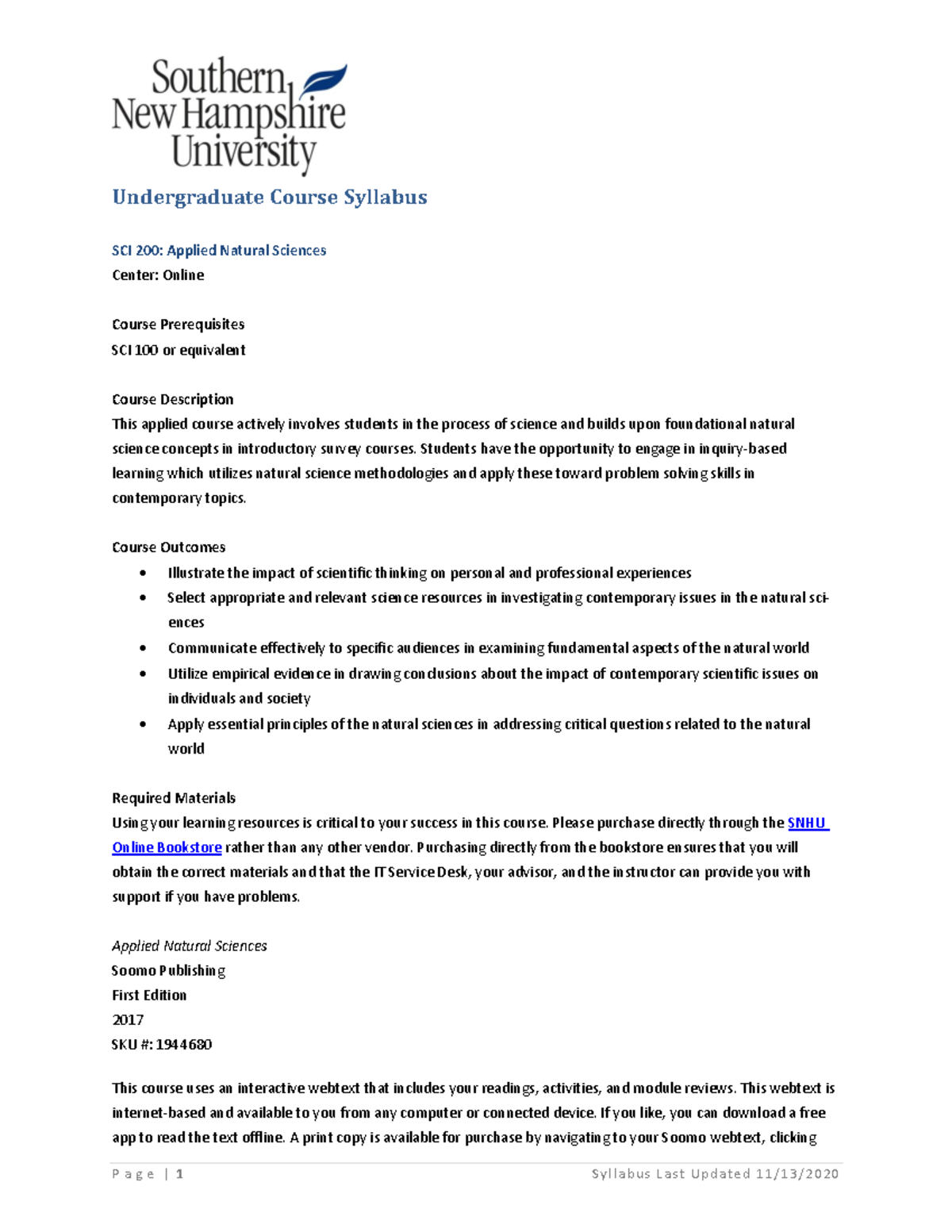 SCI 200 Syllabus - Class Assignment schedule - Undergraduate Course ...