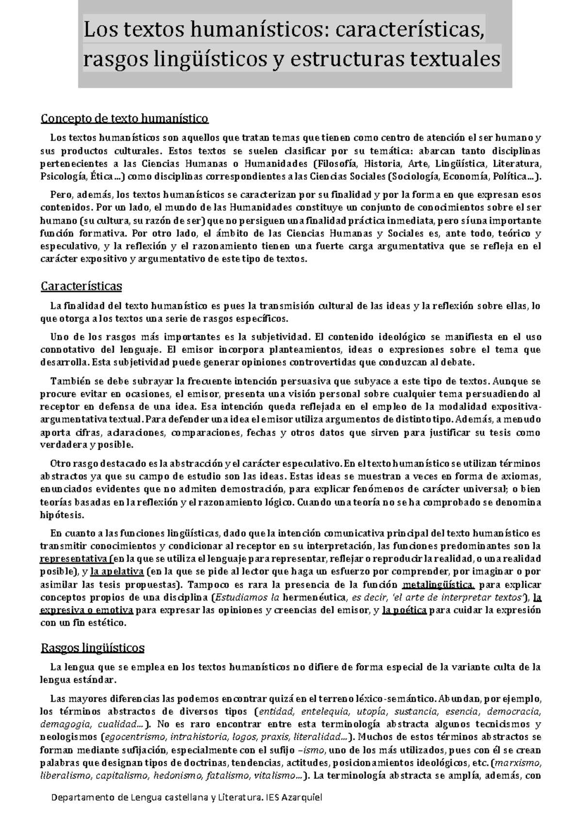 Rasgos de los textos humanísticos I - Departamento de Lengua castellana ...
