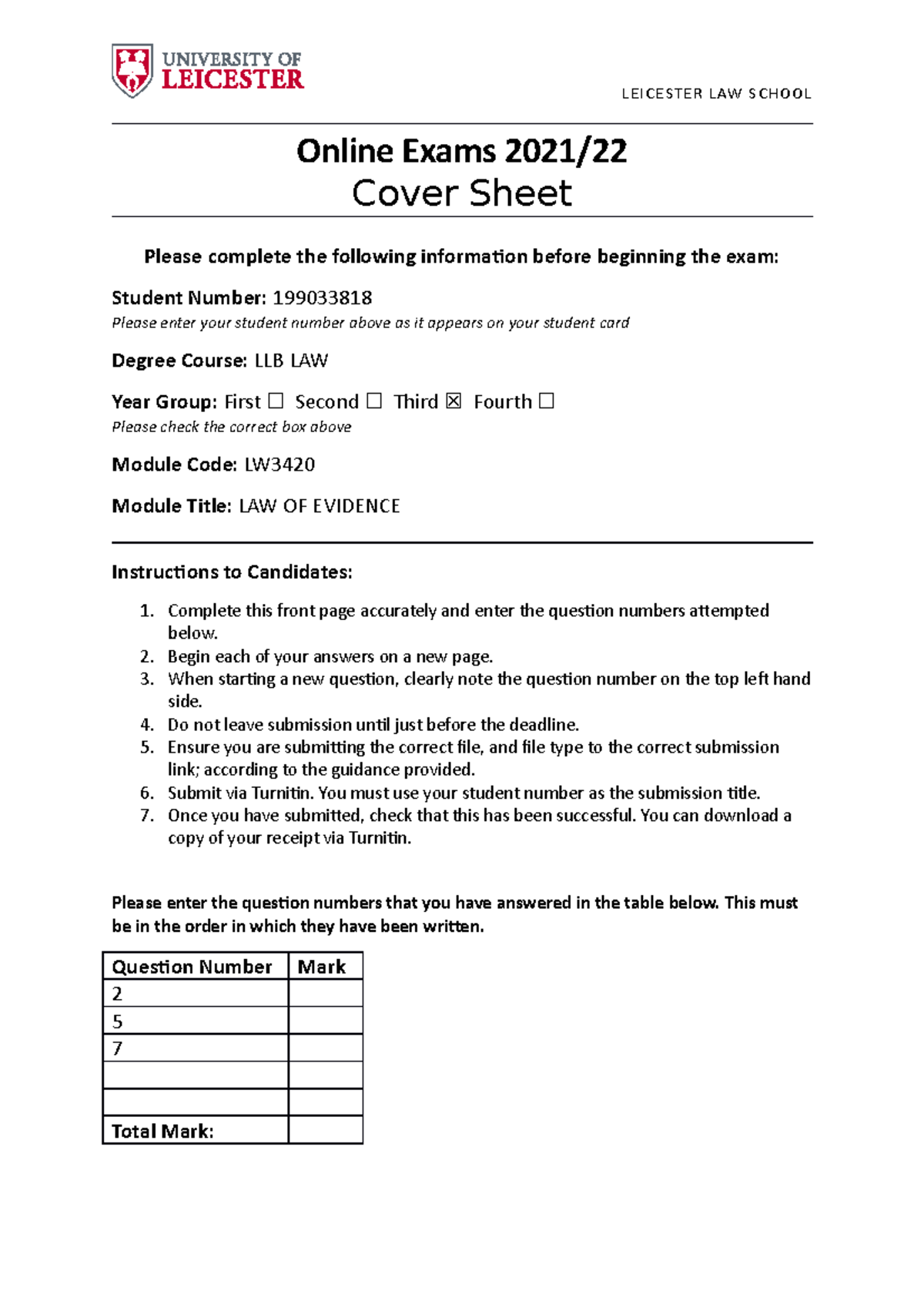 Evidence Law midsummer exam - Online Exams 2021/ Cover Sheet Please ...
