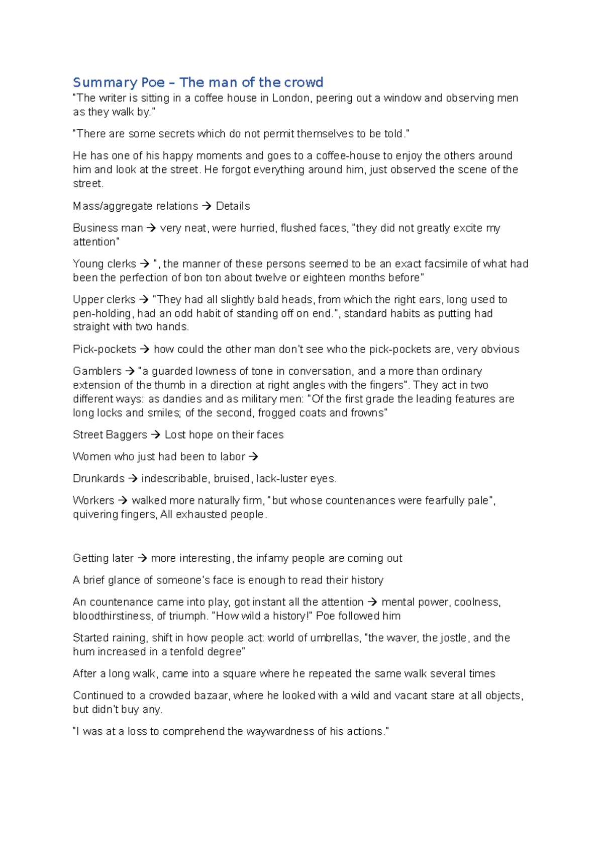 summary - man of the crowd - Summary Poe – The man of the crowd “The ...