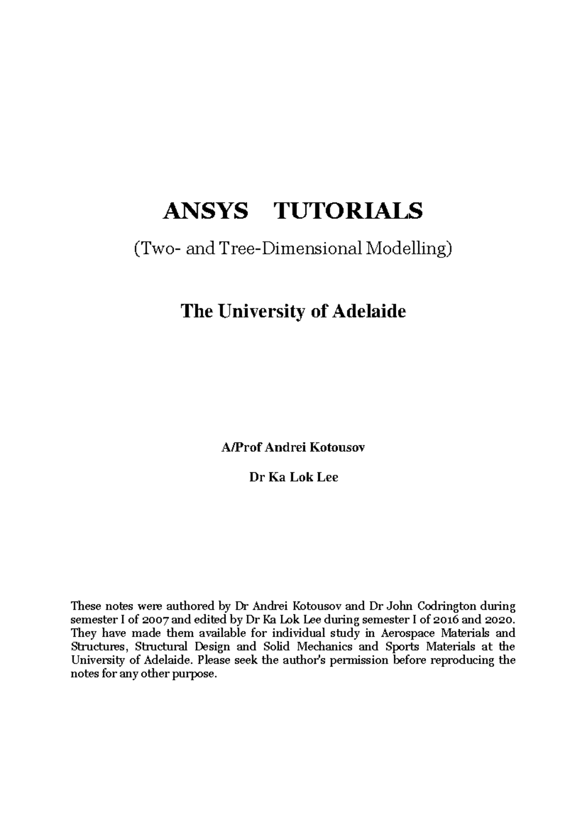 FEA 2 Lab Notes-2 - ANSYS TUTORIALS (Two- and Tree-Dimensional ...