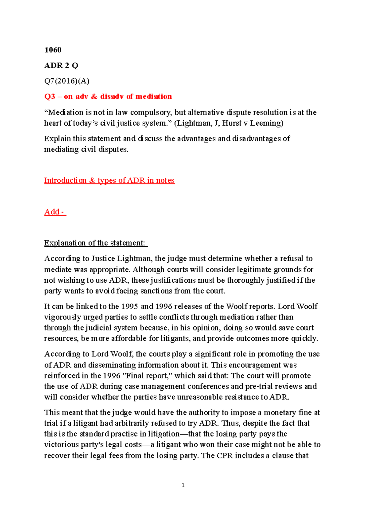 Exam ADR 4 - mediation, adv disadv - done - 1060 ADR 2 Q Q7(2016)(A) Q3 ...