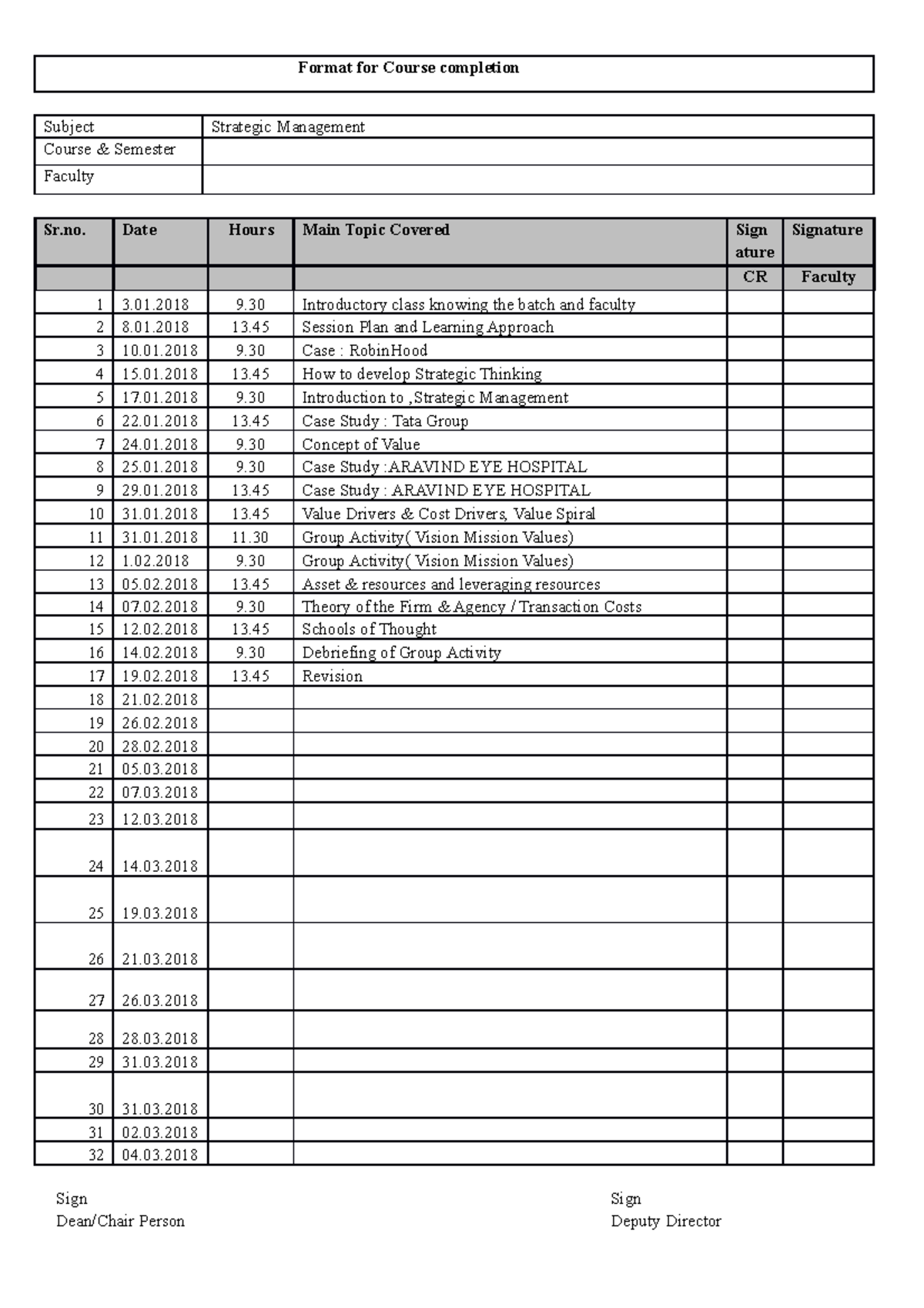 Format for Course completion - Format for Course completion Subject ...
