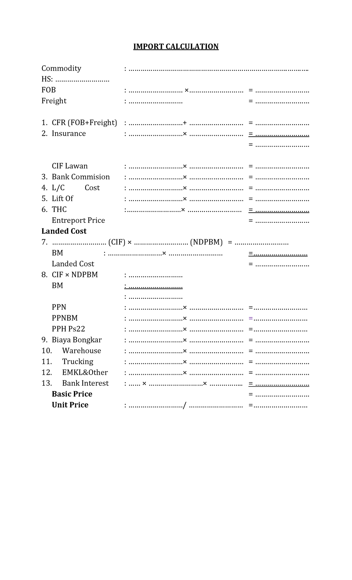 FORM Dokumen Import - IMPORT CALCULATION Commodity : - Studocu