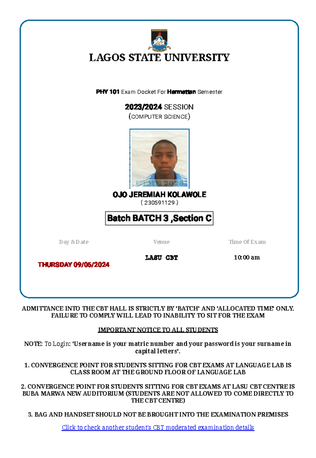 Jerry 1 - LAGOS STATE UNIVERSITY PHY 101 Exam Docket For Harmattan ...