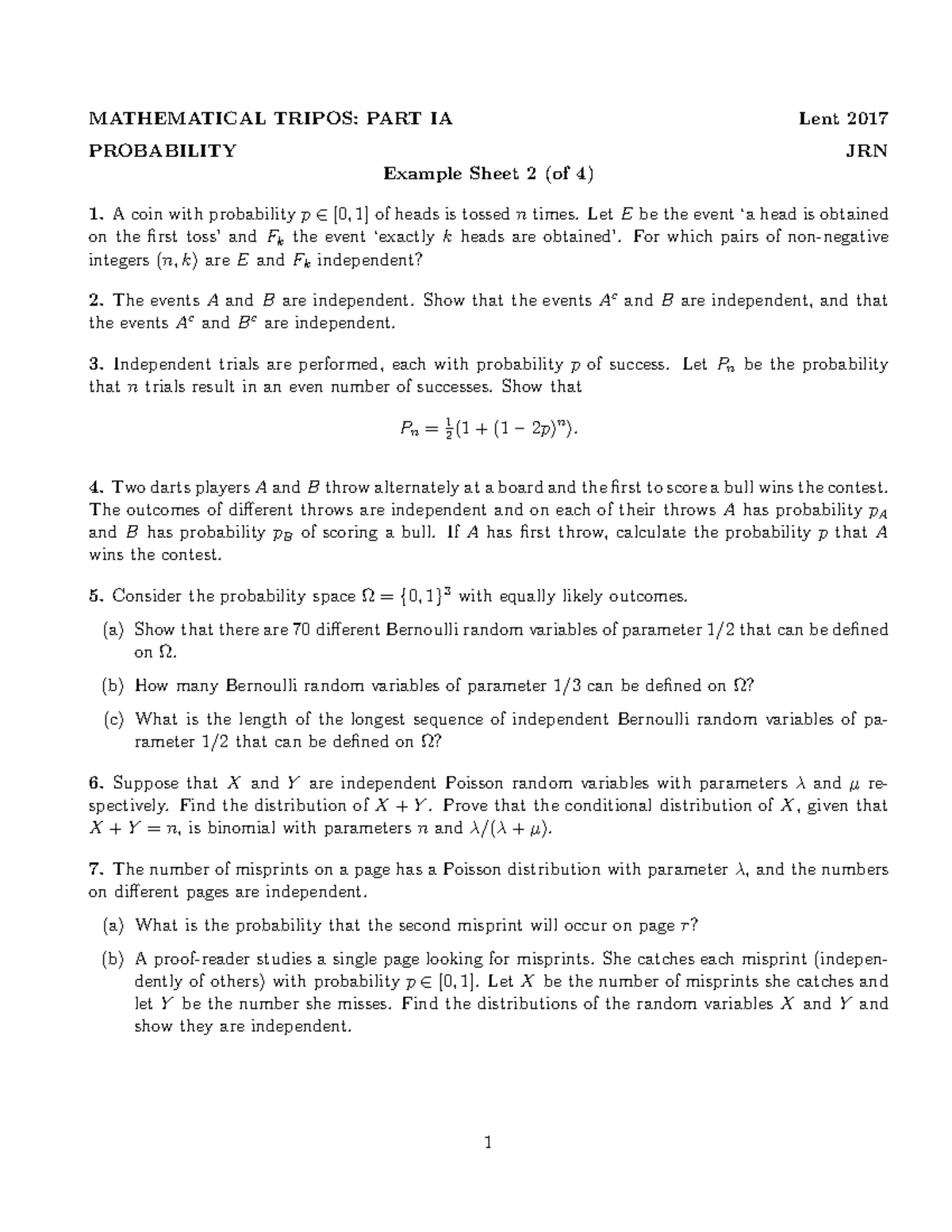 Probability 2016-2017 Example Sheet 2 - MATHEMATICAL TRIPOS: PART IA ...