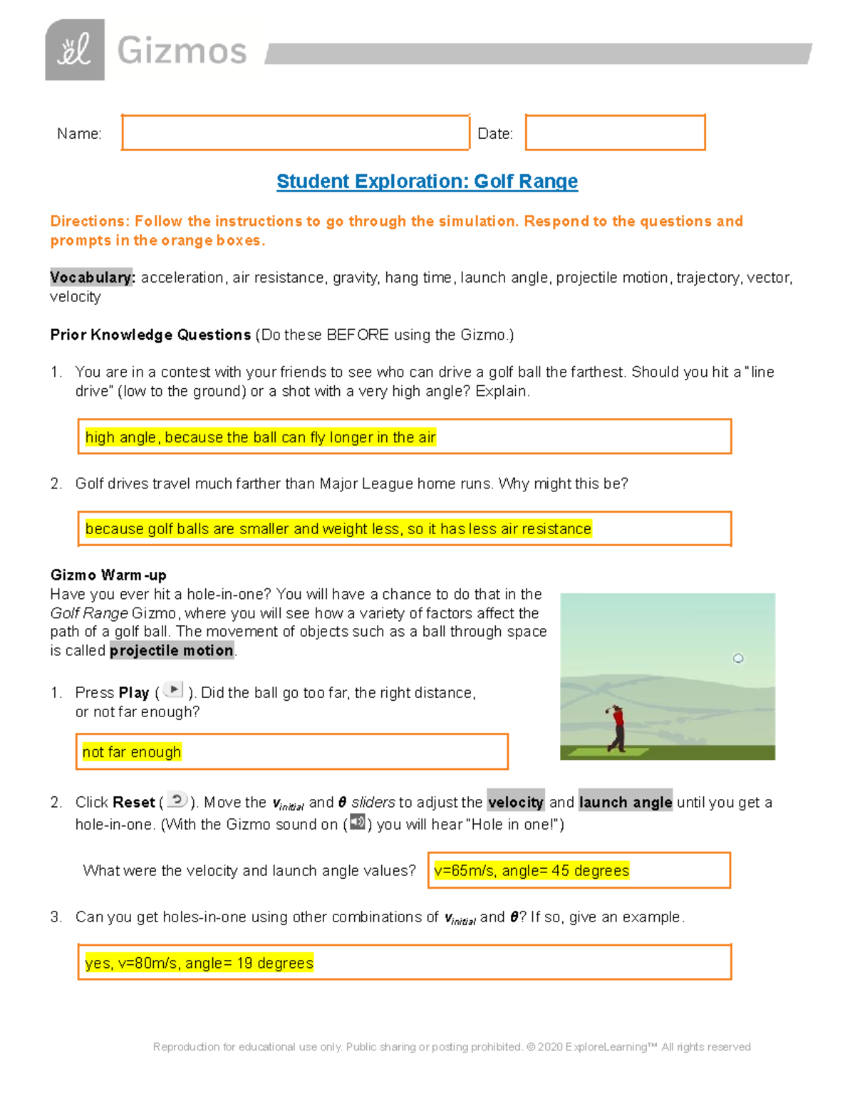 Copy of Golf Range SE - Name: Date: Student Exploration: Golf Range ...