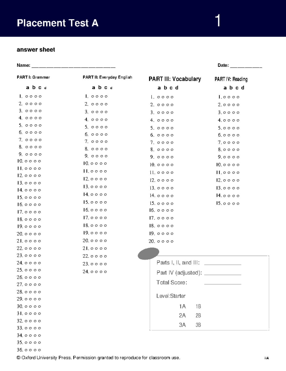 Generic Placement Test A 4-convertido - answer sheet Name