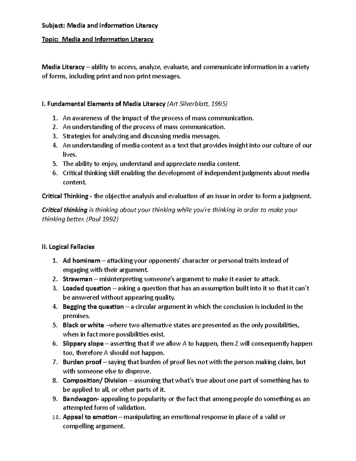MEIL Media AND Information Literacy Handout 3 - Subject: Media and ...