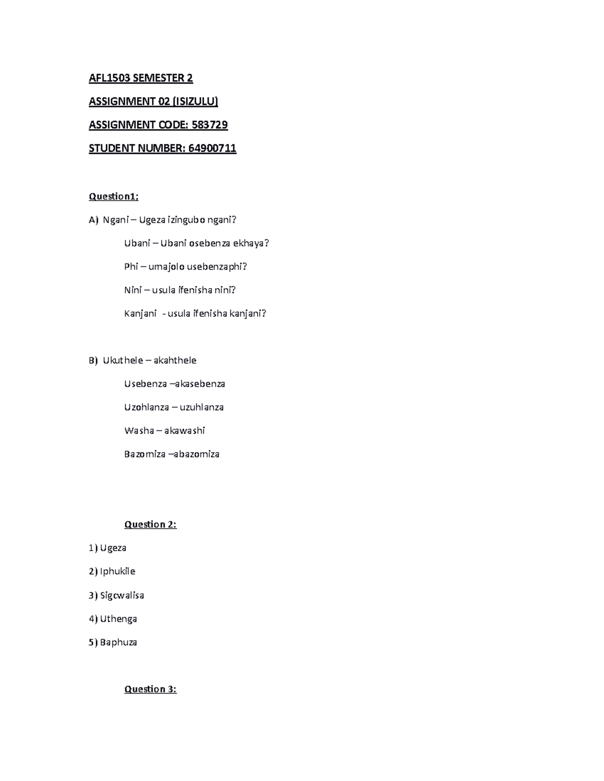 AFL1503 Semester 2 - AFL1503 SEMESTER 2 ASSIGNMENT 02 (ISIZULU) ASSIGNMENT CODE: 583729 STUDENT ...