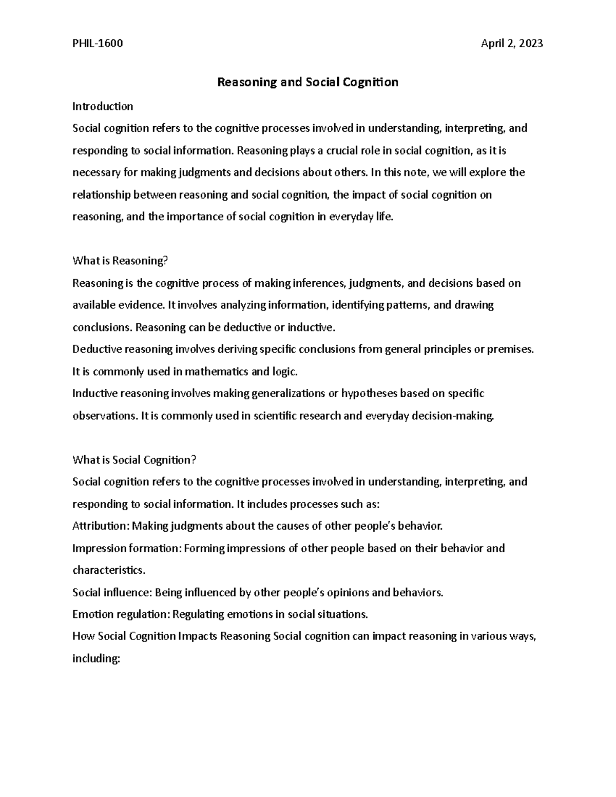 Reasoning and social cognition - PHIL-1600 April 2, 2023 Reasoning and ...