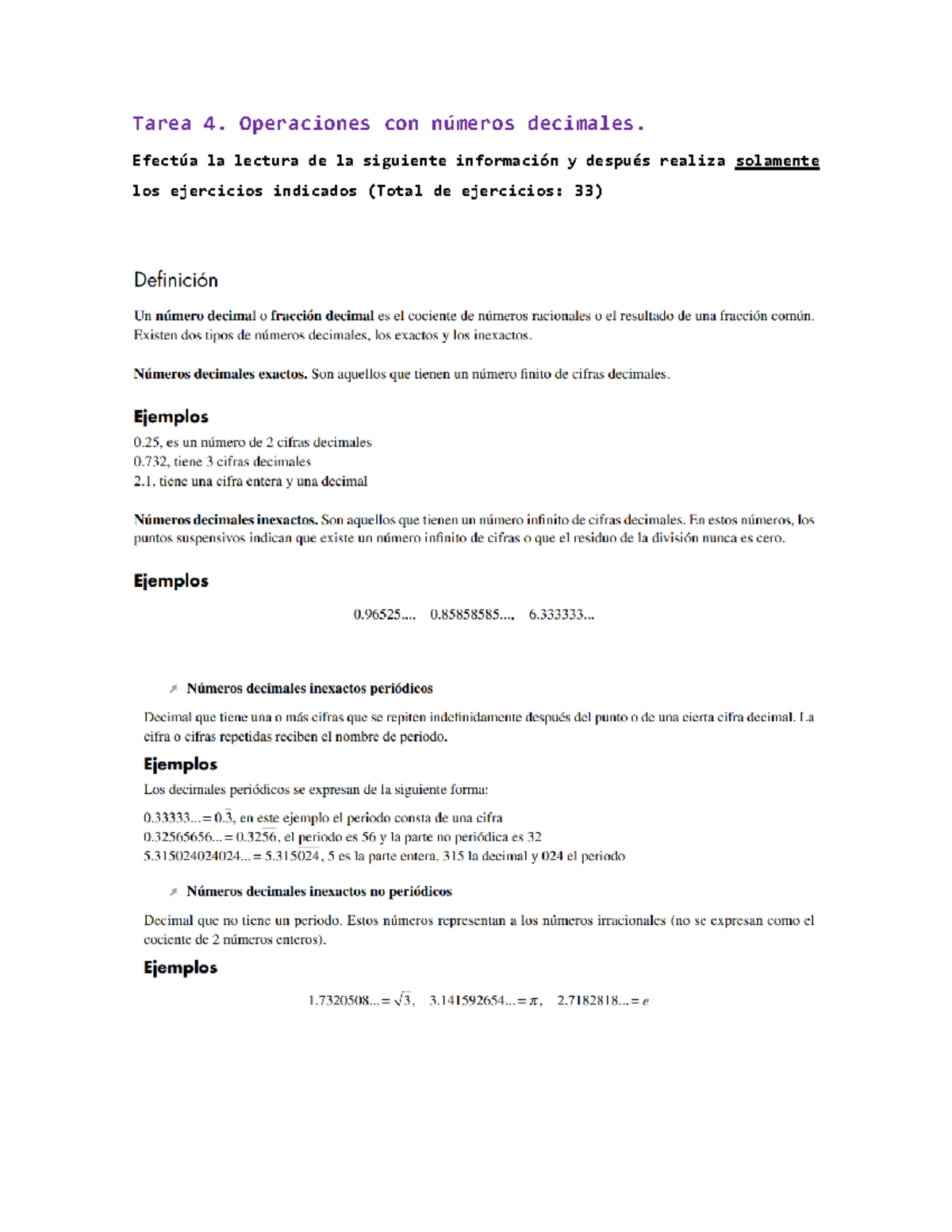 Tarea 4. Operaciones con decimales - Fundamentos De Álgebra - Tarea 4 ...