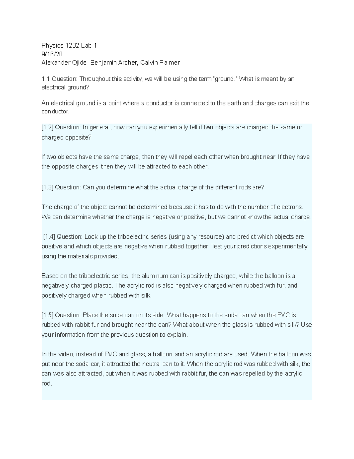 Group 1 electrostatic activity - Physics 1202 Lab 1 9/16/ Alexander ...