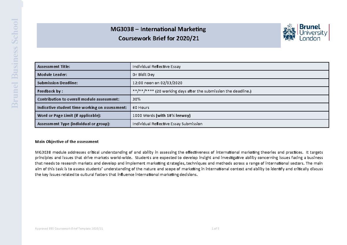 MG3038 Individual Coursework 2020 - Assessment Title: Individual ...