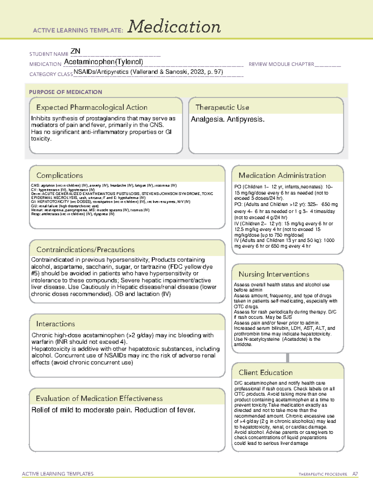 Acetaminophen ATI - ACTIVE LEARNING TEMPLATES TherapeuTic procedure A ...