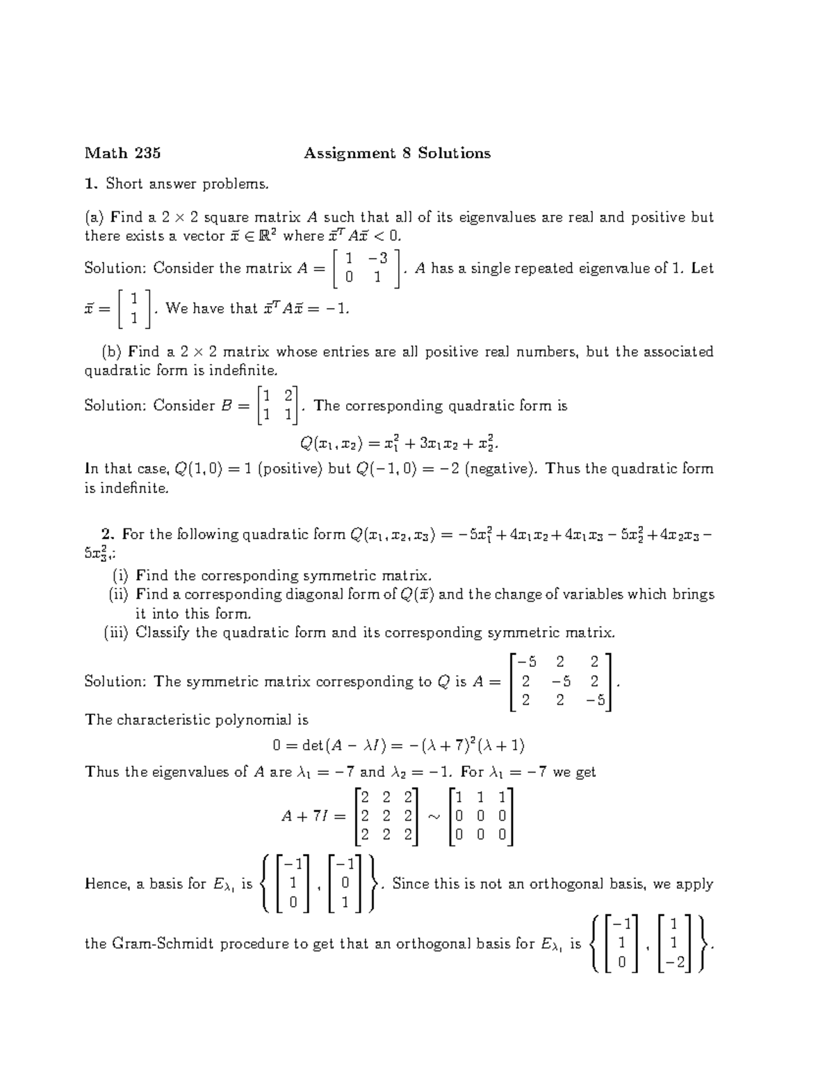 A8 Solution - assignment - Math 235 Assignment 8 Solutions Short answer ...