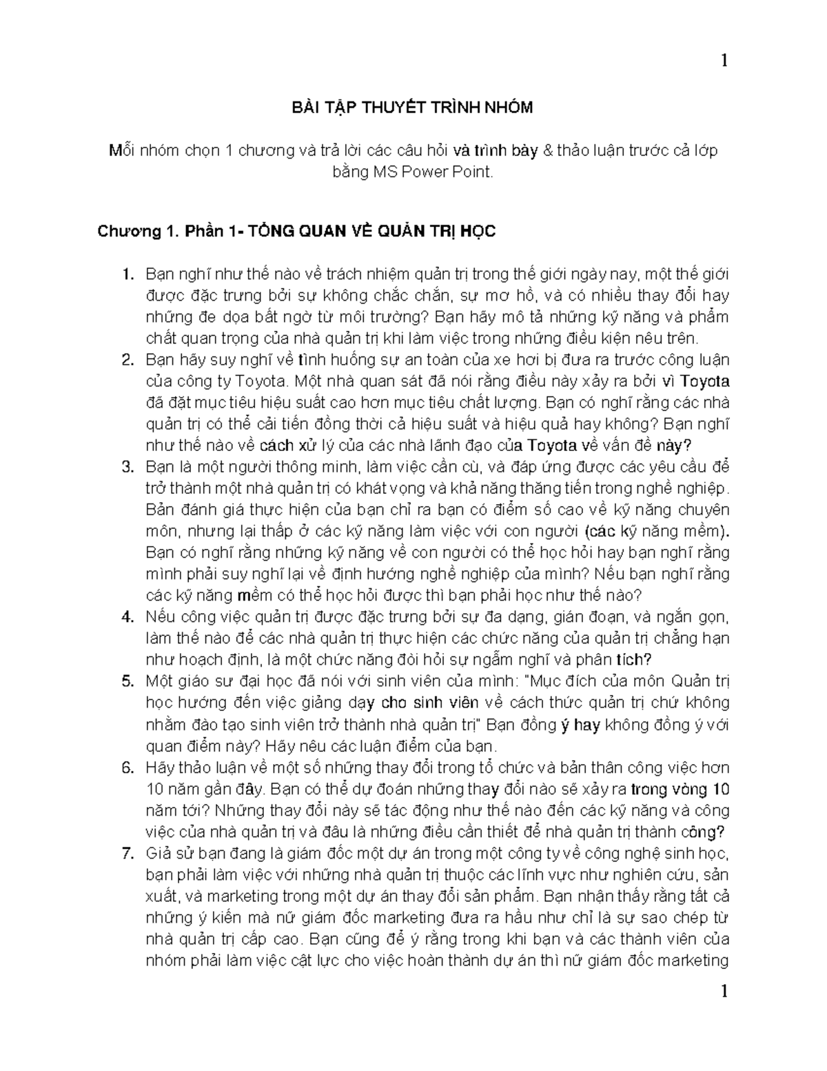 Bài tập nhóm QTH 2023- V2 - BÀI TẬP THUYẾT TRÌNH NHÓM Mỗi nhóm chọn 1 chương và trả lời các câu ...
