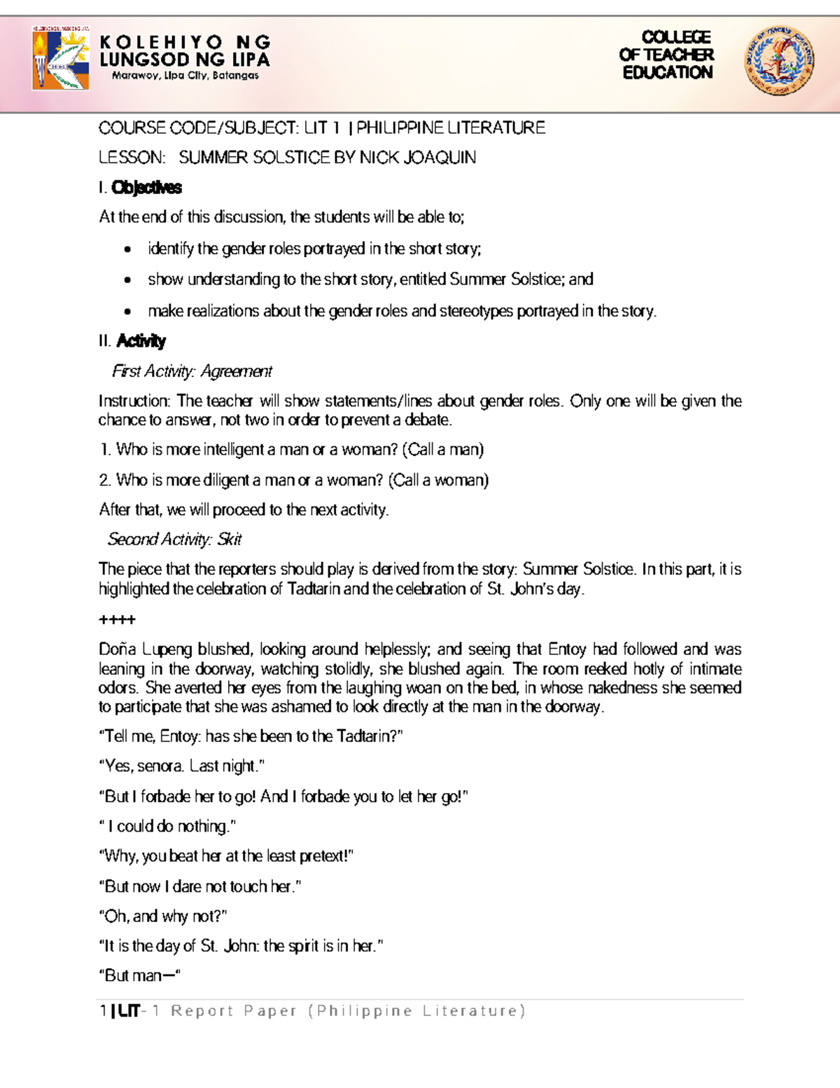 New-Format-CTE-LIT1 CH3 - OF TEACHER EDUCATION COURSE CODE/SUBJECT: LIT ...