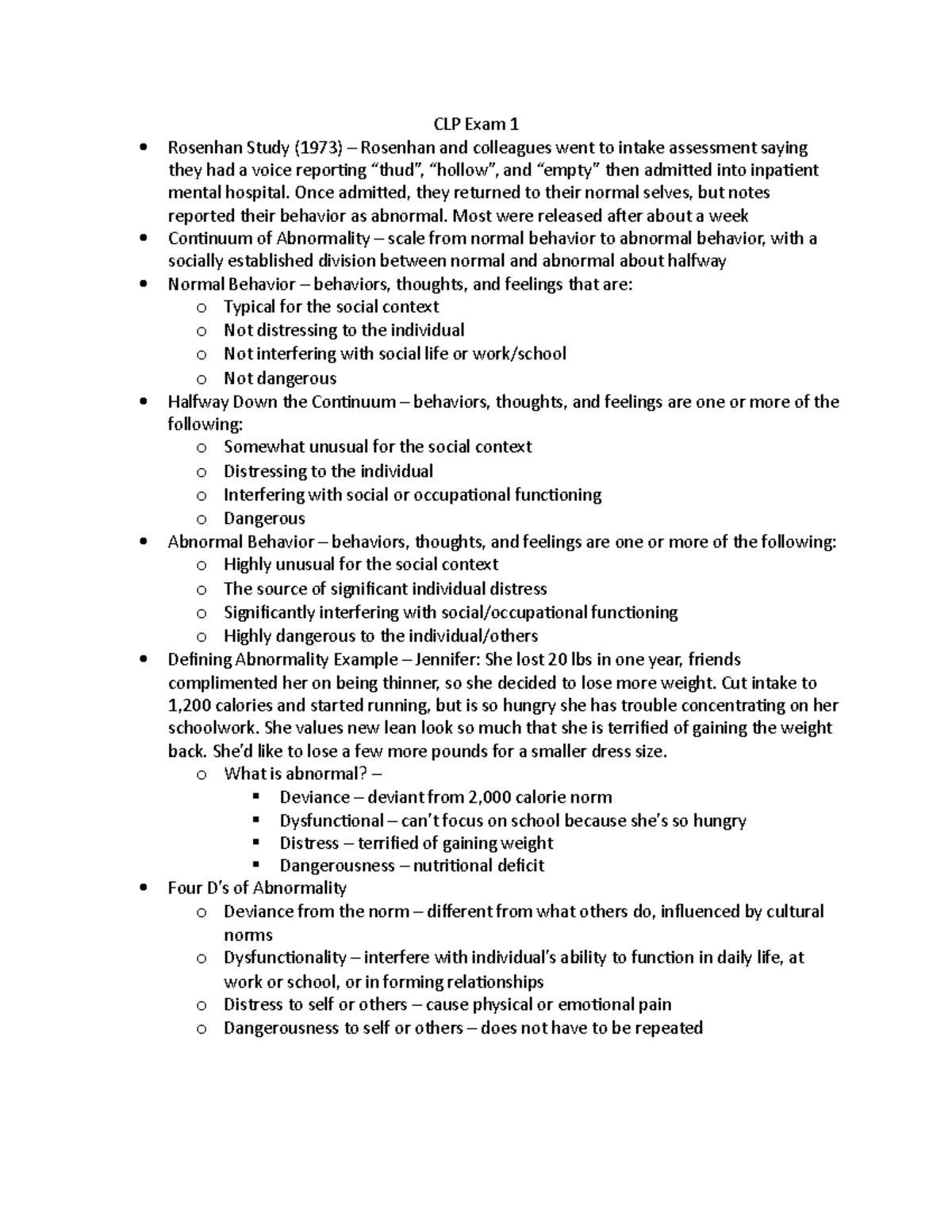 2019-CLP4143-Abnormal Psych Lecture 1Notes - CLP Exam 1 Rosenhan Study ...