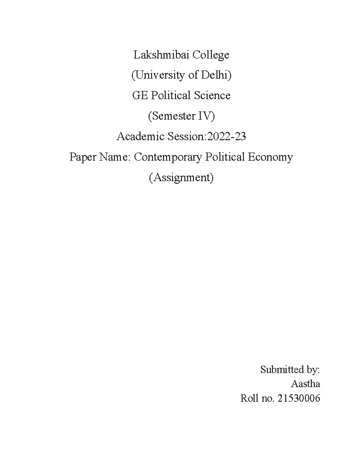 GE Astha - GE political science assignment - Lakshmibai College ...