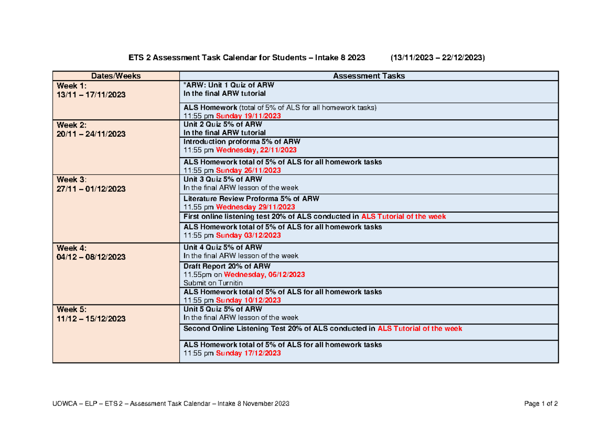 ETS 2 Assessment Calendar Intake 8 2023 for Students - UOWCA – ELP ...