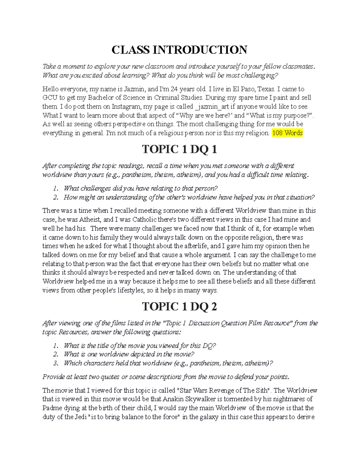 CWV-101 Discussion Questions - CLASS INTRODUCTION Take a moment to ...