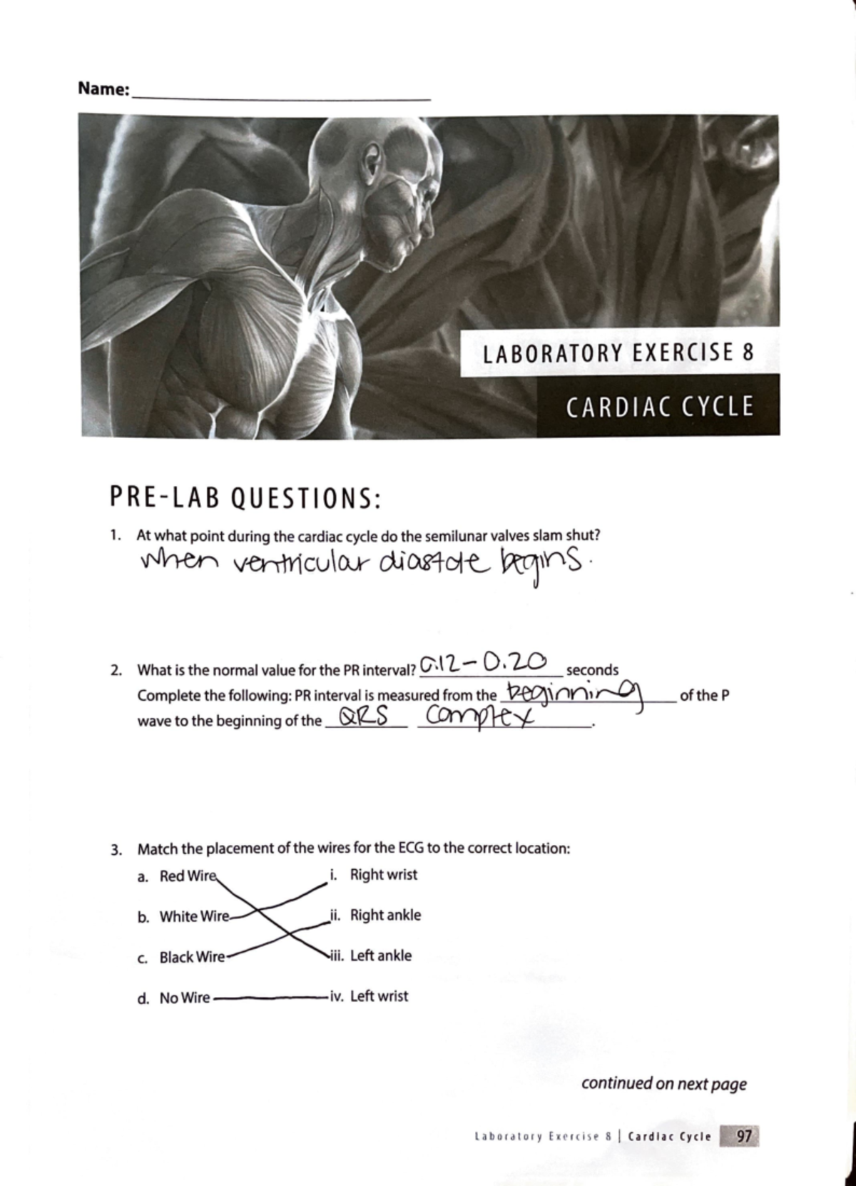 Bio 2301 pre-lab 8 - Lab homework - Name: - CARDIAC CYCLE PRE-LAB ...
