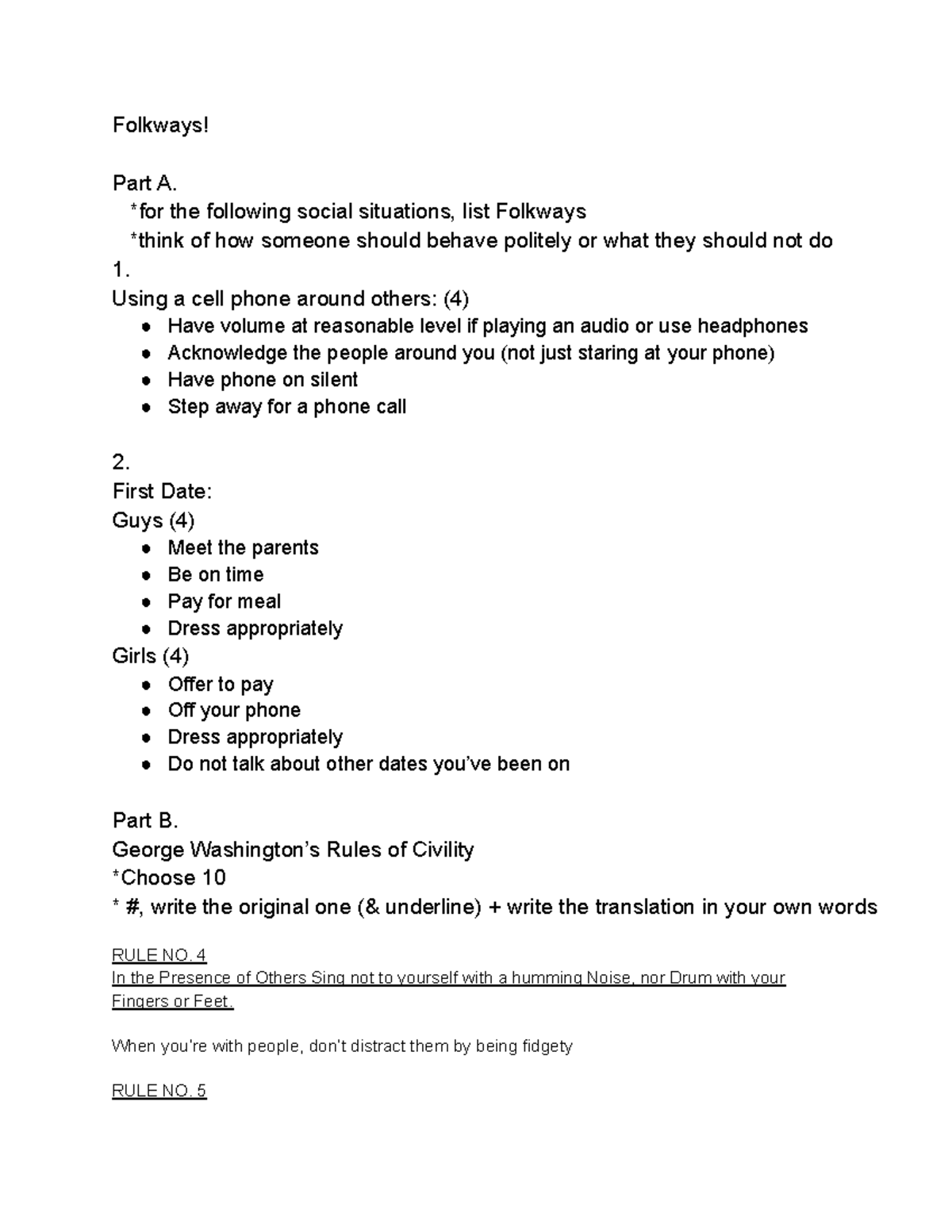 Folkways - Folkways! Part A. *for the following social situations, list ...