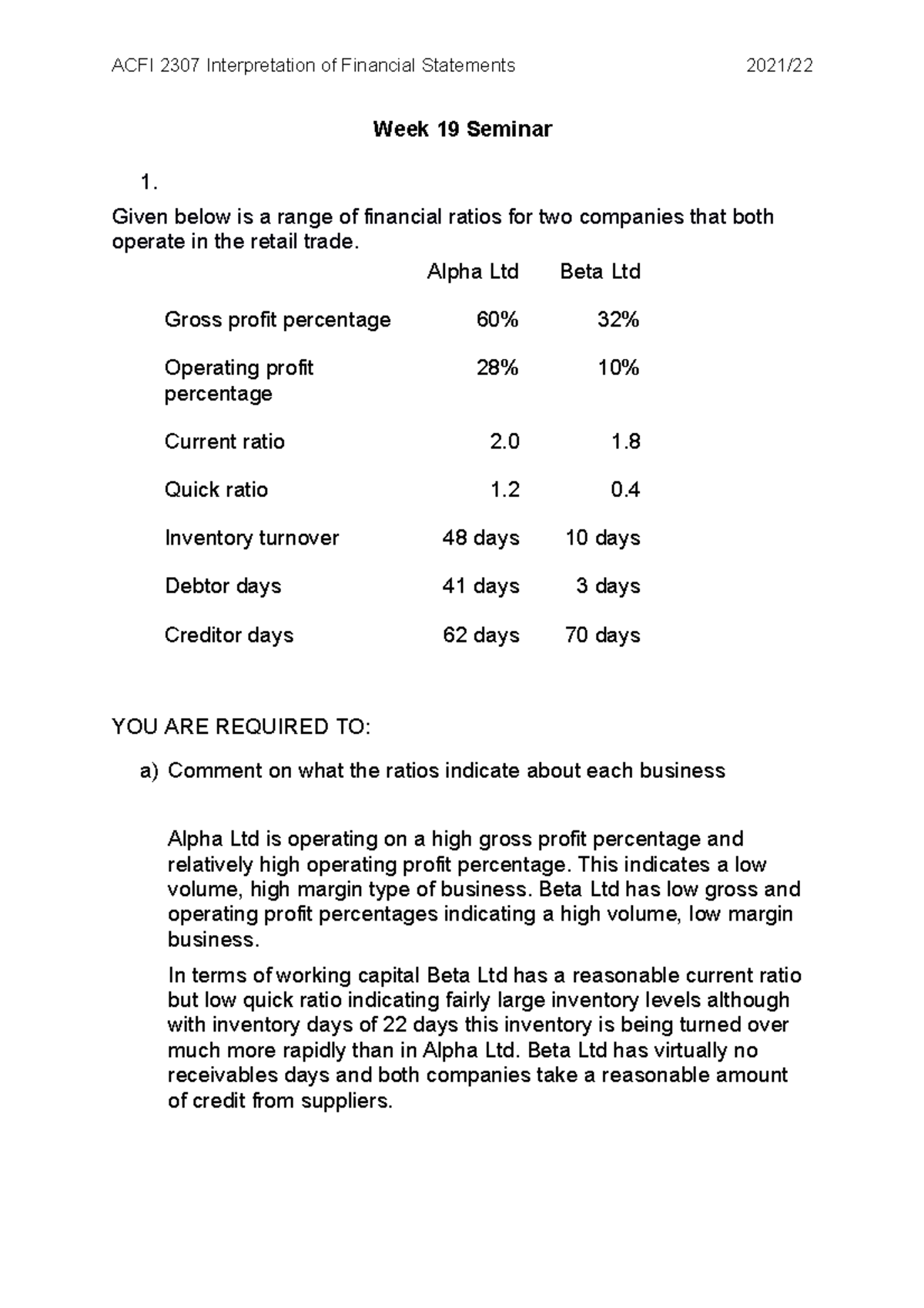 Week 19 Seminar Answers - Week 19 Seminar 1. Given below is a range of ...