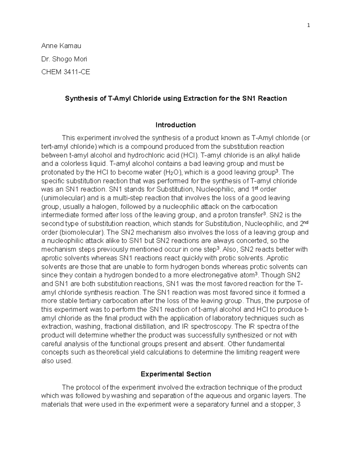 Exp 8 Synthesis T-amyl chloride report - Anne Kamau Dr. Shogo Mori CHEM ...