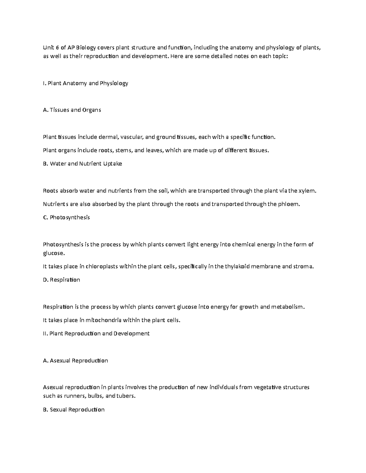 Topic 6 - Class Notes - Unit 6 of AP Biology covers plant structure and ...
