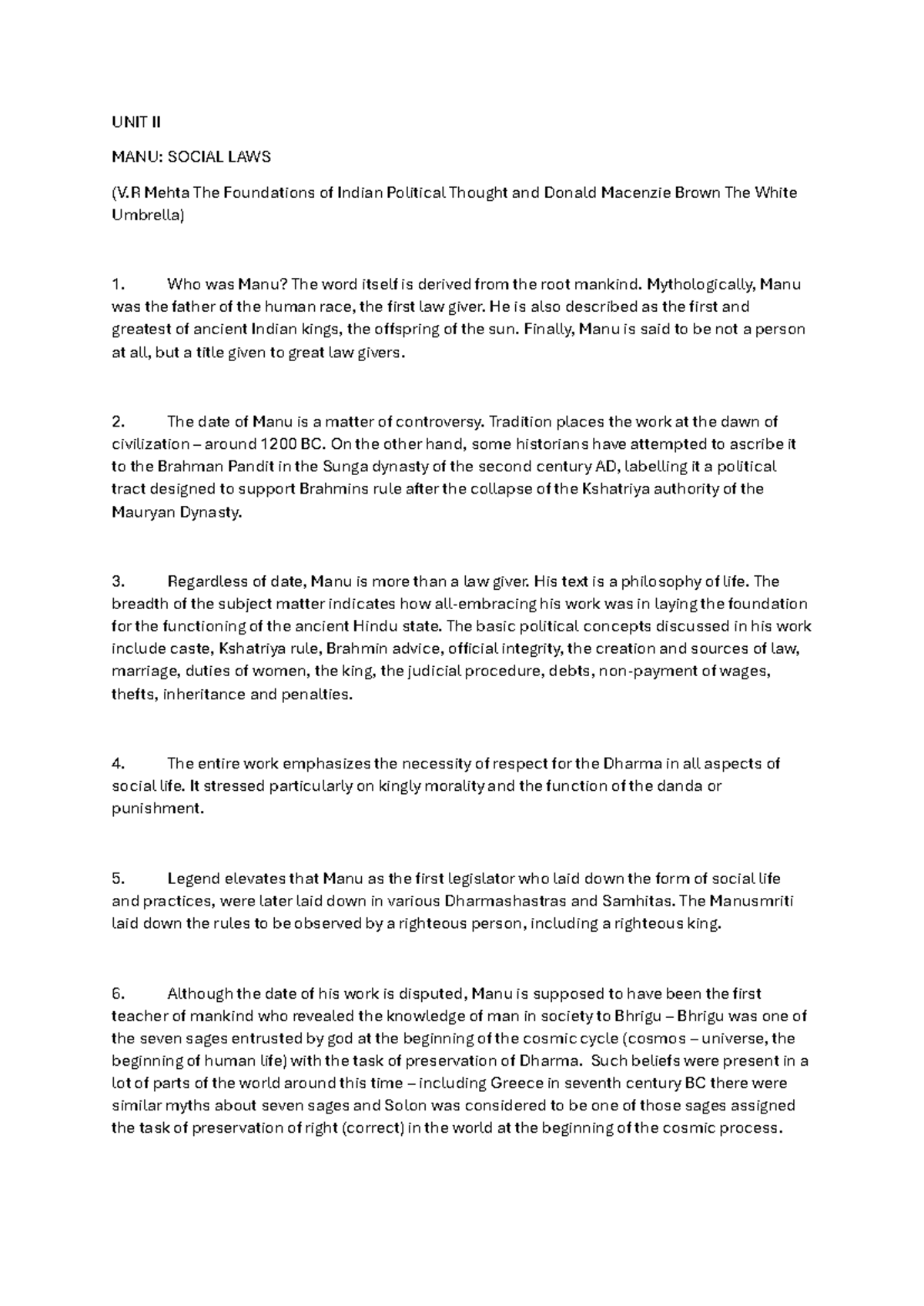 UNIT II - notes on manu - UNIT II MANU: SOCIAL LAWS (V Mehta The ...