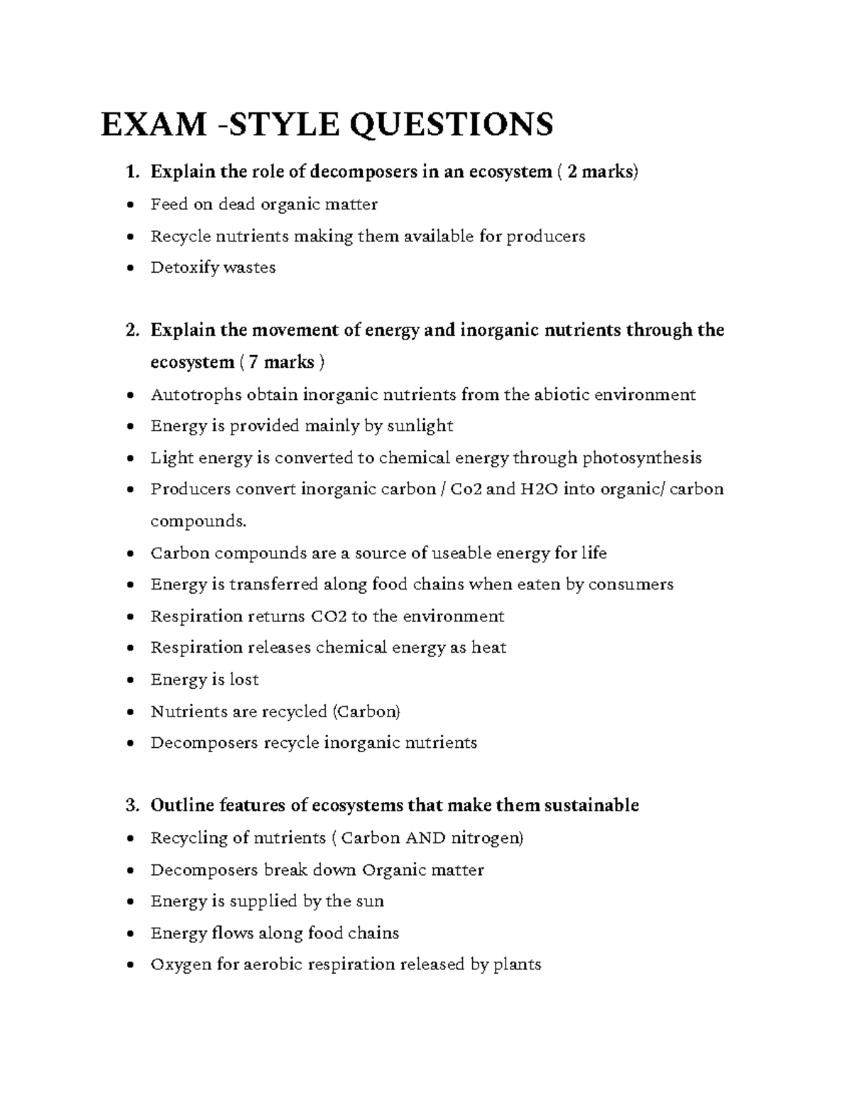 Ecology - EXAM -STYLE QUESTIONS Explain the role of decomposers in an ...