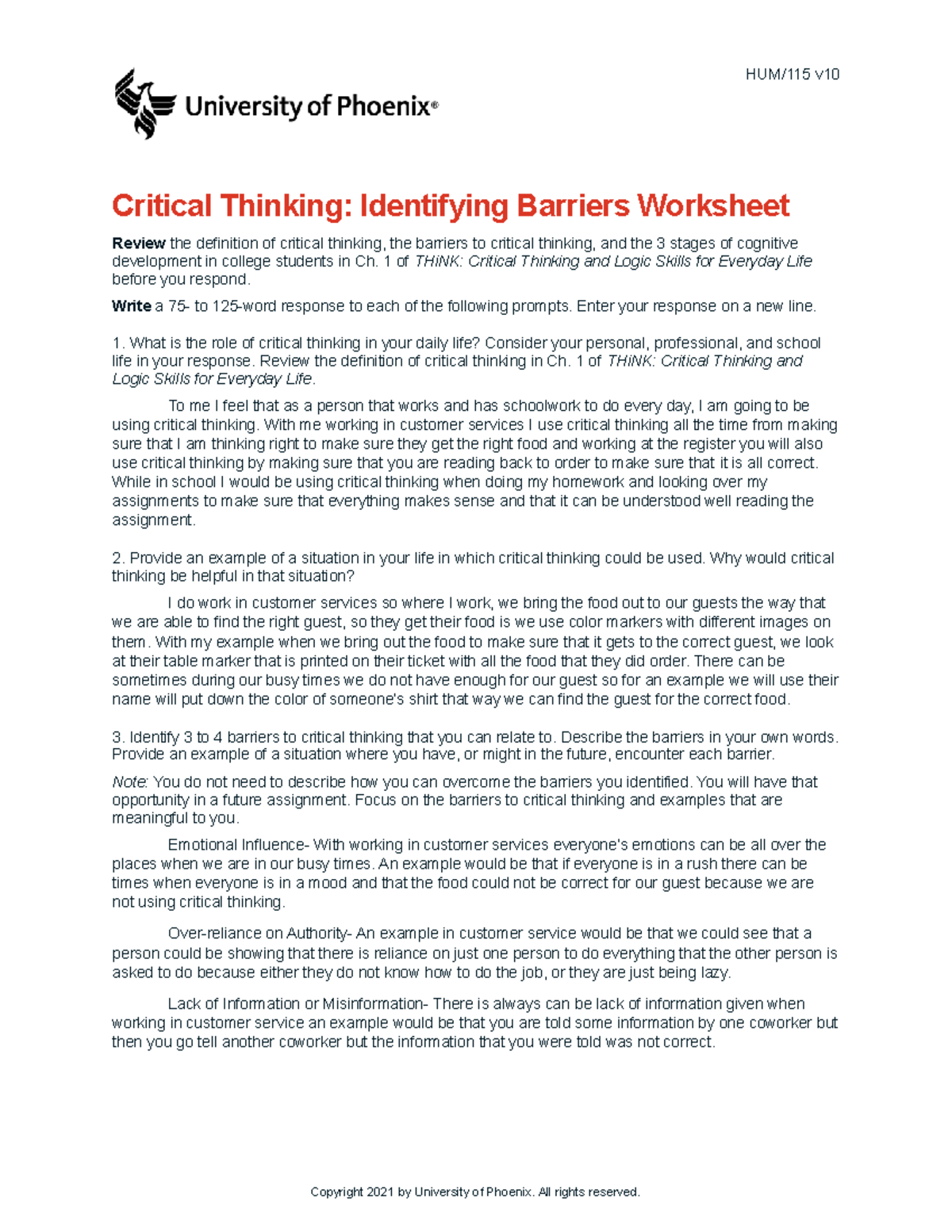 Hum115 v10 wk1 critical thinking identifying barriers worksheet - HUM ...