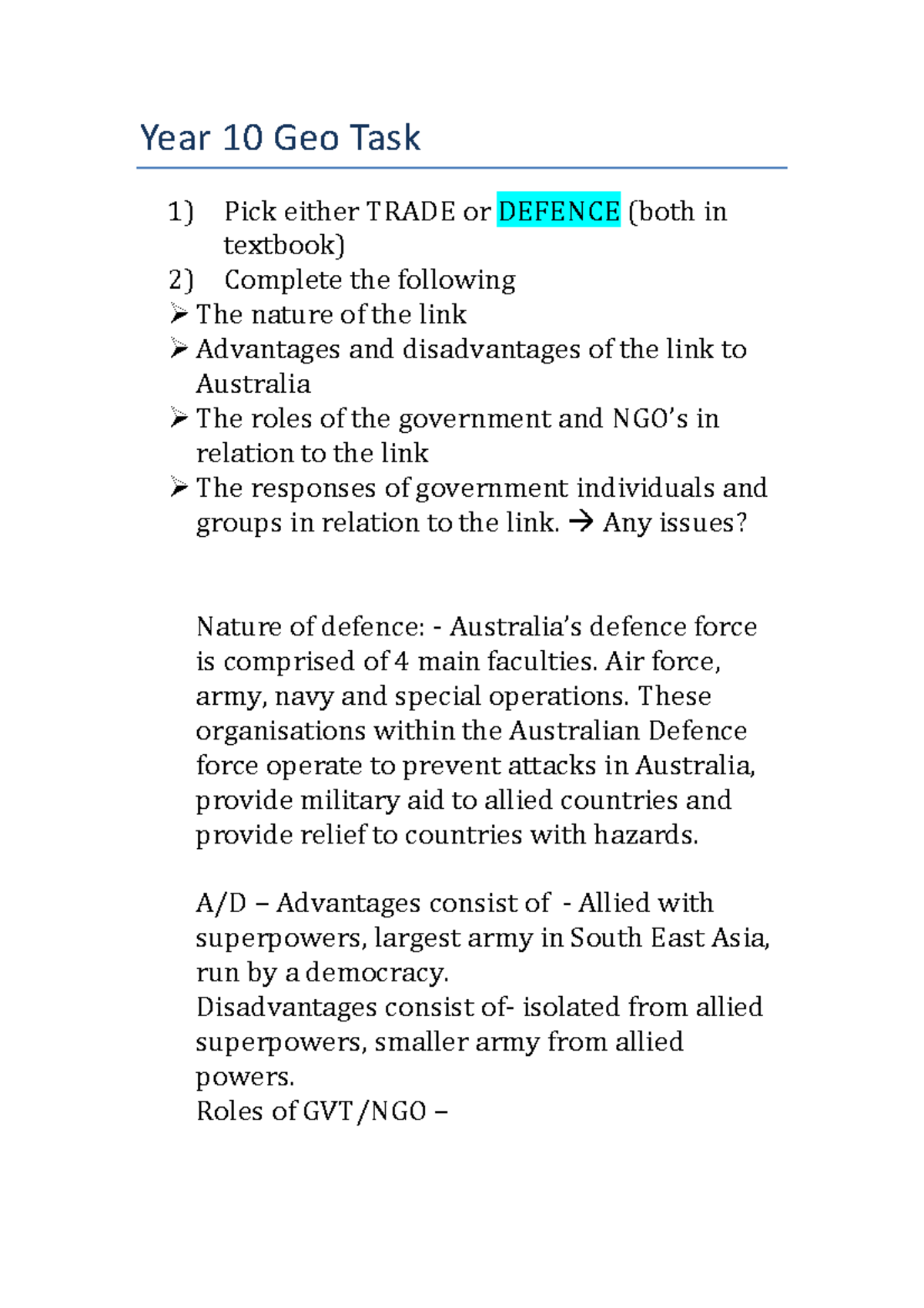 Geo Task - Defence - Year 10 Geo Task Pick either TRADE or DEFENCE ...