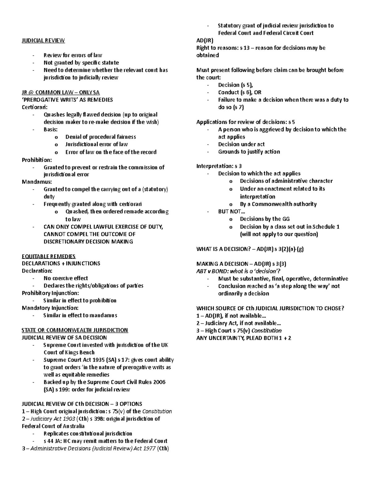 Admin EXAM Notes - JUDICIAL REVIEW Review for errors of law Not granted ...