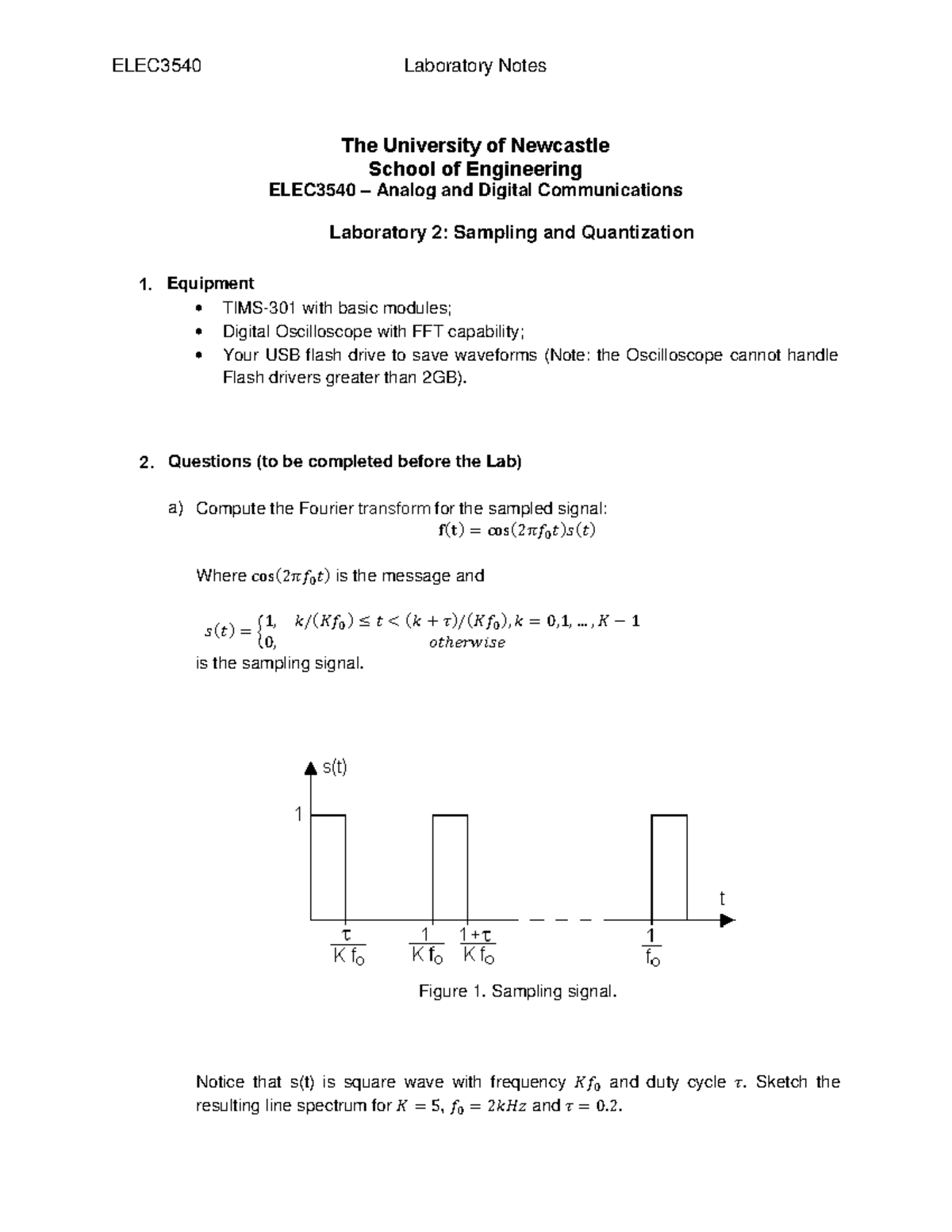 Lab2-Sampling and Quantization S2 - The University of Newcastle School of Engineering ELEC3540 ...
