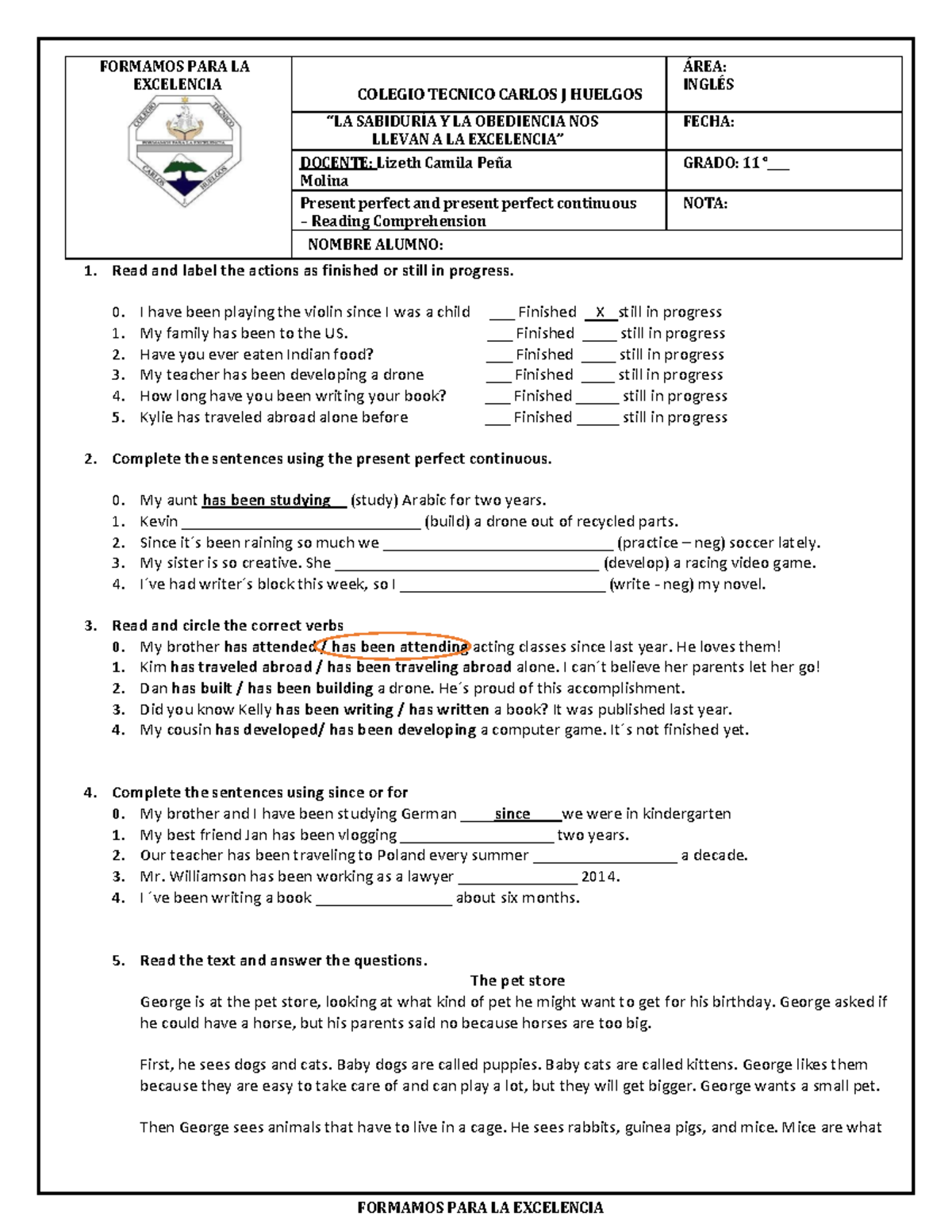 Test para evaluar conocimientos en el área de ingles grado once ...
