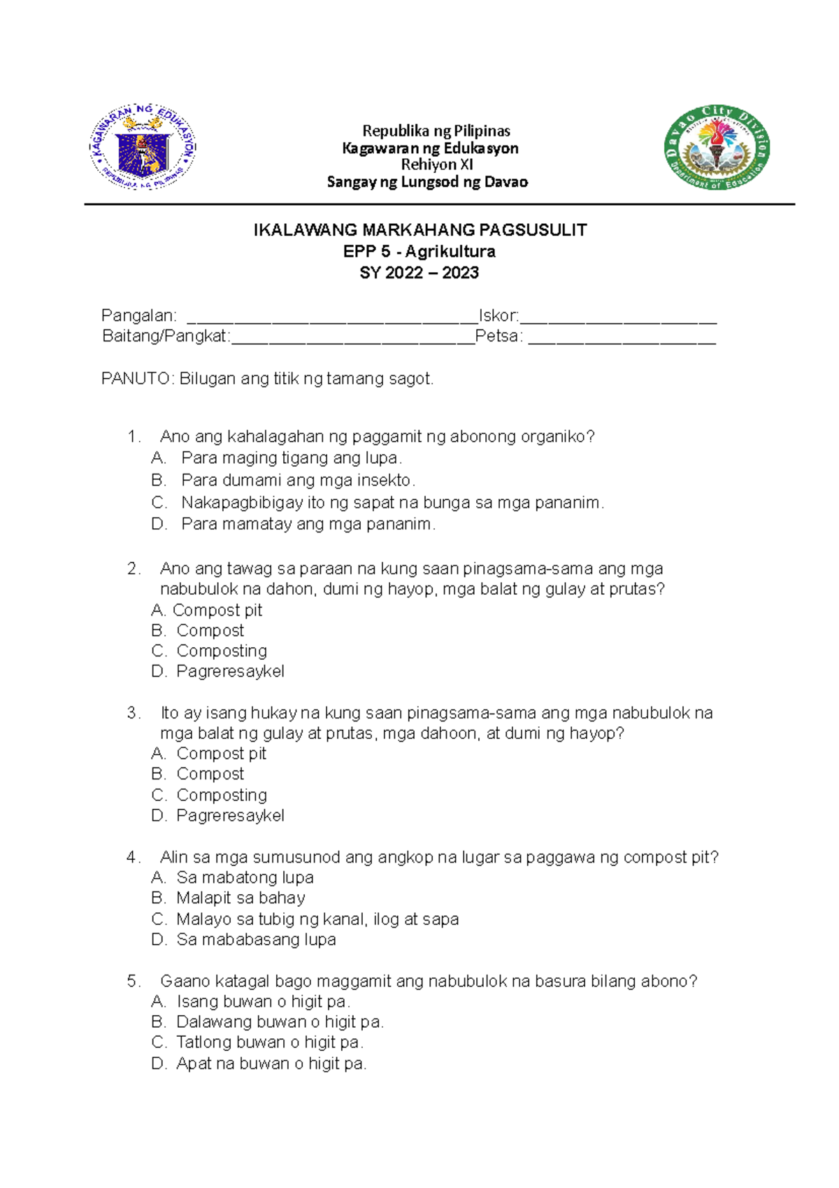 Q3 EPP 5 Agriculture - ........... - Republika ng Pilipinas Kagawaran ng Edukasyon Rehiyon XI ...