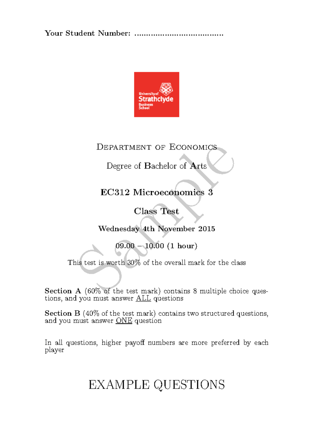 Sample Class Test - Sample Your Student Number ...