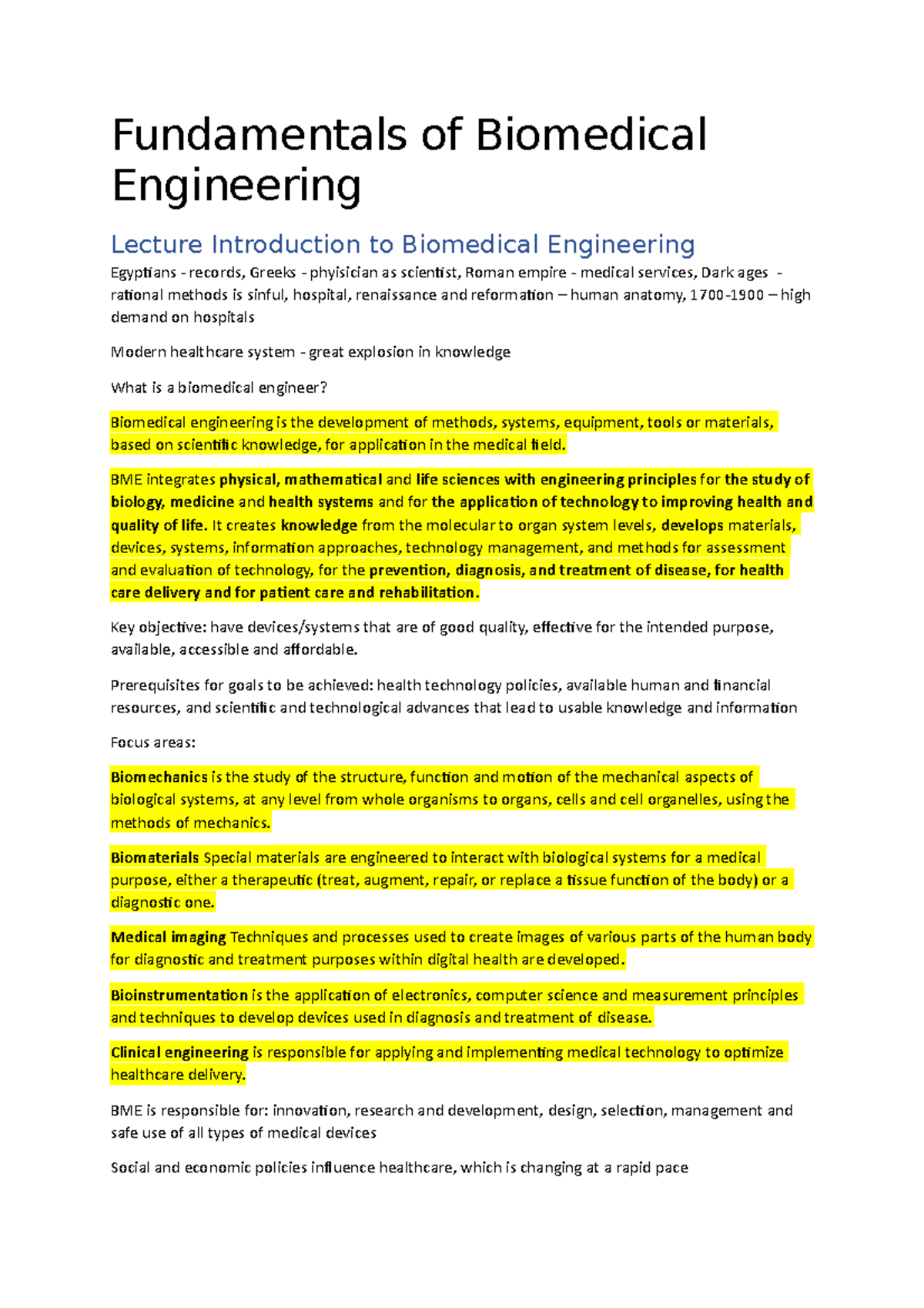 Samenvatting voor fundamentals of biomedical engineering - Fundamentals ...