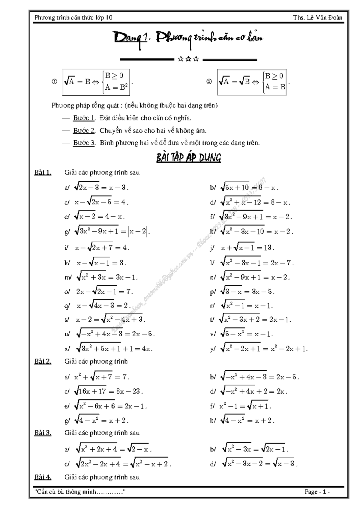 Bai tap phuong trinh chua can le van doan - Ph ng trình c n th c l p 10 Ths. Lê V n oàn "C n ...