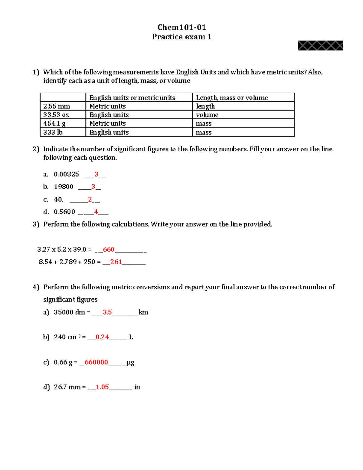 Chem101 practice exam 1 key - Chem101-01 Practice exam 1 Which of the ...