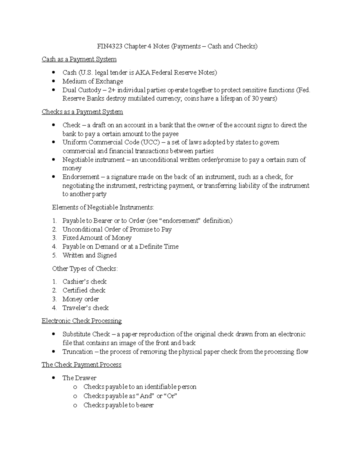 FIN4323 Chapter 4 Notes - FIN4323 Chapter 4 Notes (Payments – Cash and ...